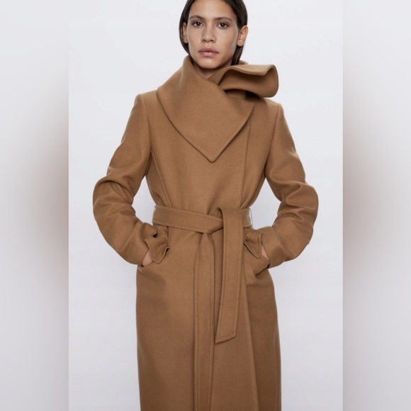 Zara | Jackets & Coats | Zara Camel Wool Wrap Collar Coat Size Xs ...
